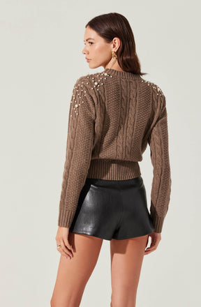 Pearl Embellished Cable Knit Sweater - ASTR the Label